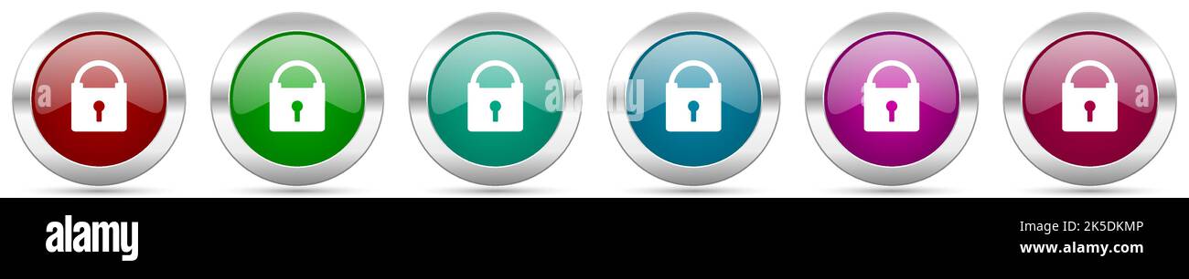 Padlock, security silver metallic vector icon set, round glossy buttons with chrome border for ...