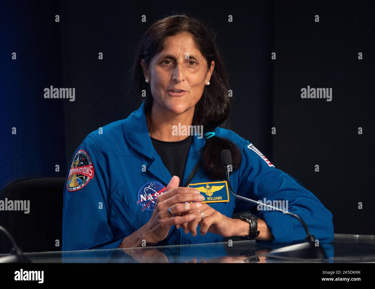 NASA astronaut Suni Williams delivers remarks during a press conference ...