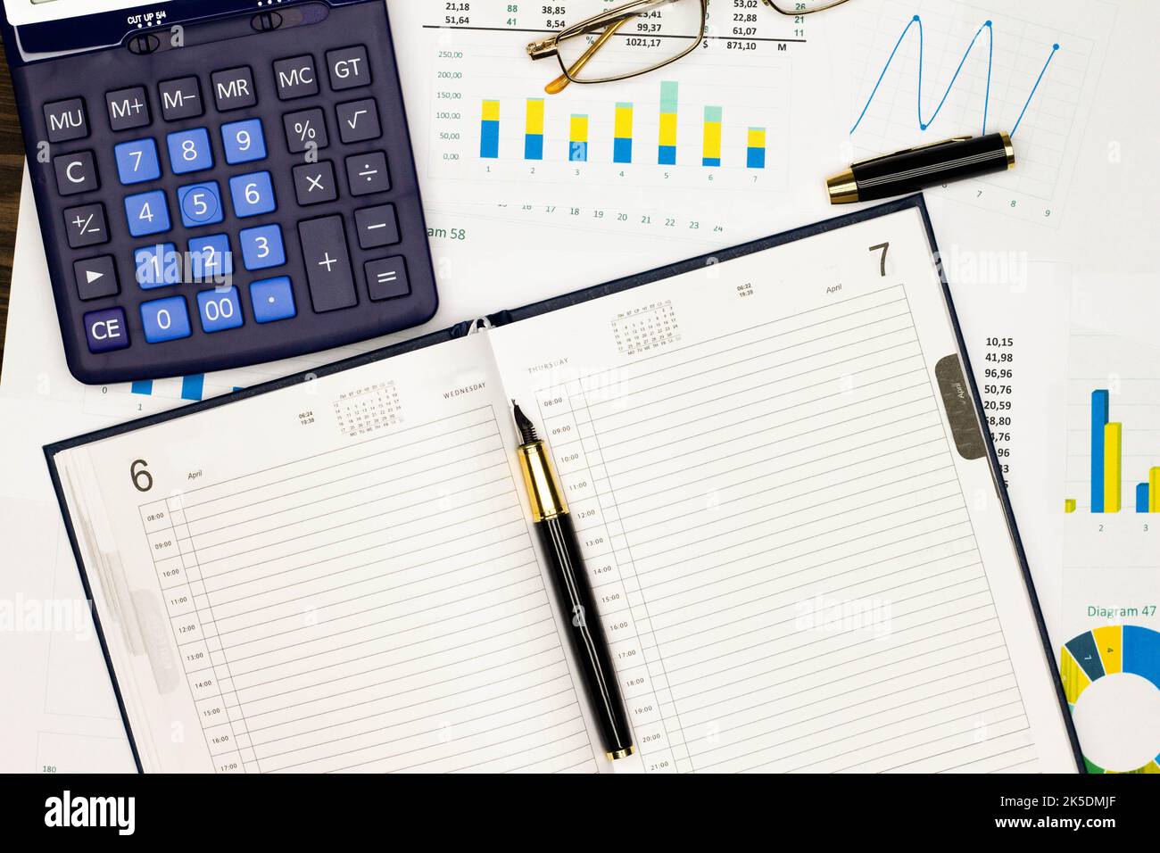 Top view office table desk. Financial report. Flat lay. Workspace with ...