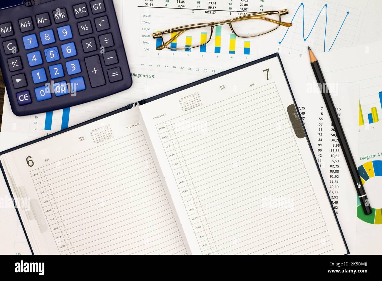 Top view office table desk. Financial report. Flat lay. Workspace with ...