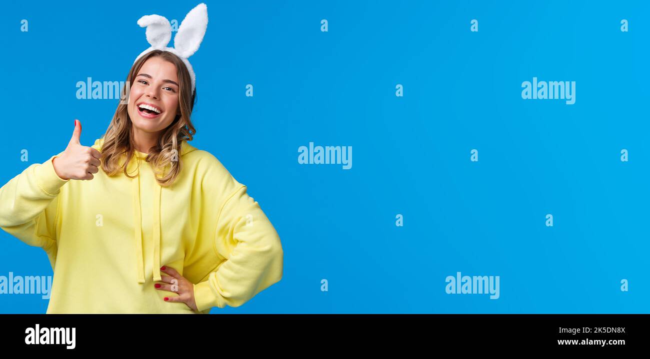 Holidays, traditions and celebration concept. Optimistic cute blond ...