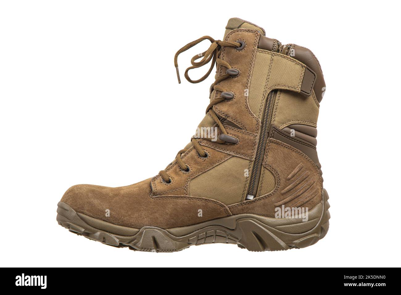 Modern army combat boots. New desert beige shoes. Isolate on a white ...