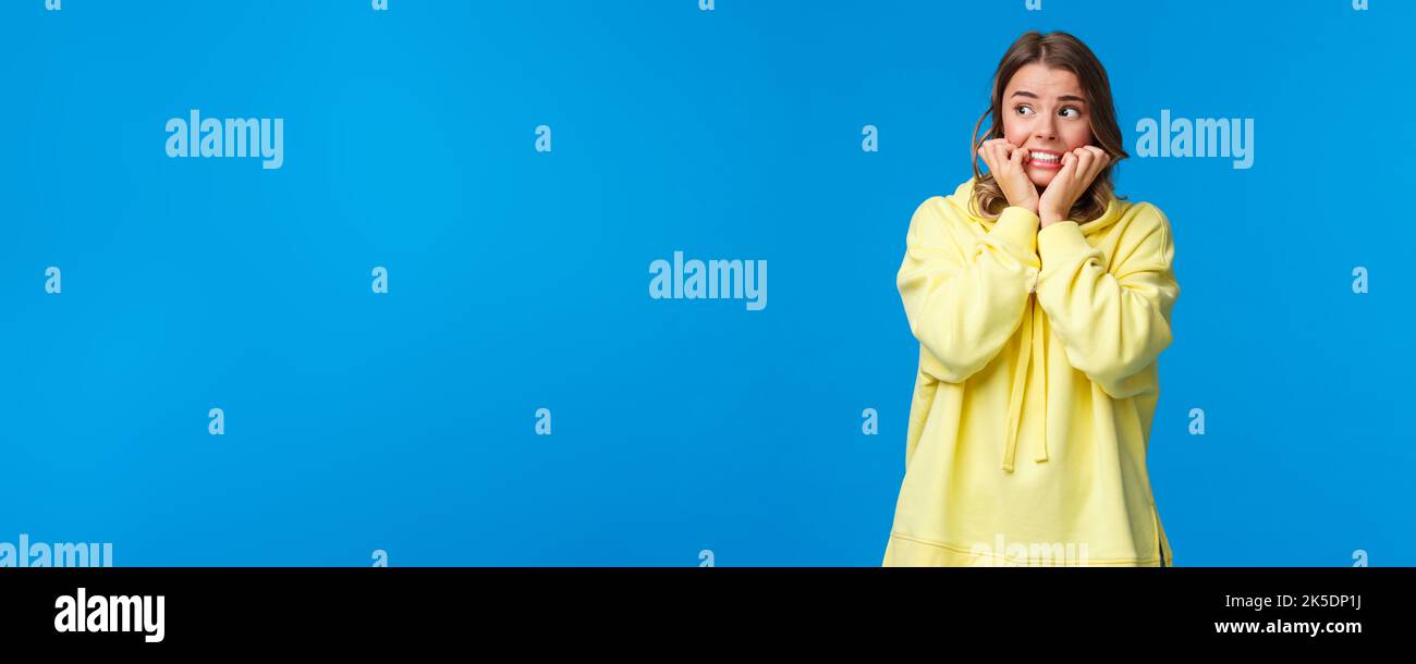 Scared timid, insecure european female feeling panic and afraid staying ...