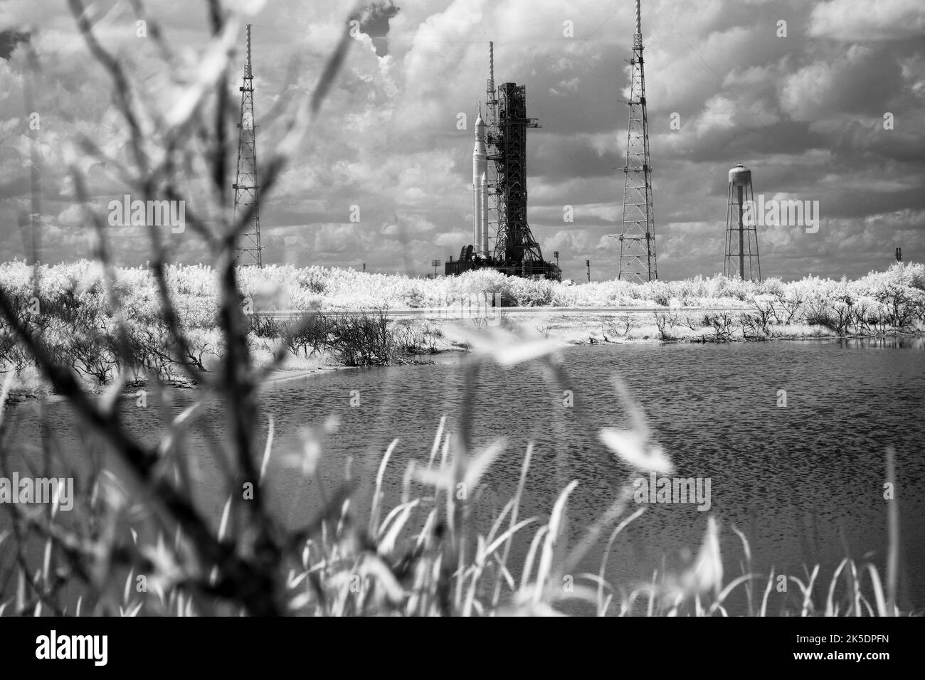 In this black and white infrared image, NASA’s Space Launch System (SLS ...