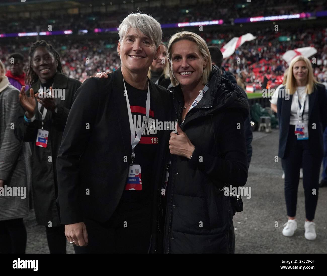 Former England players Karen Walker (left) and Kelly Smith at half-time ...