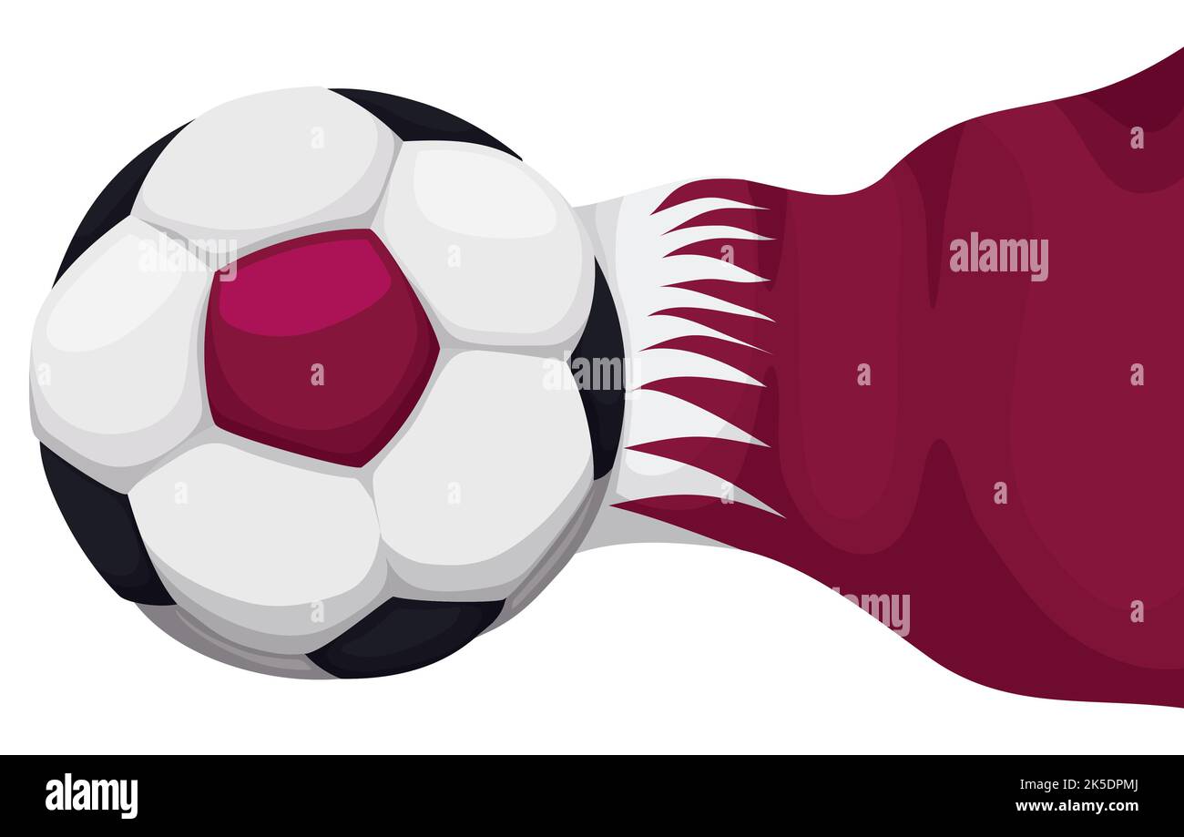 Soccer ball next to a waving Qatar flag. Design isolated in cartoon ...