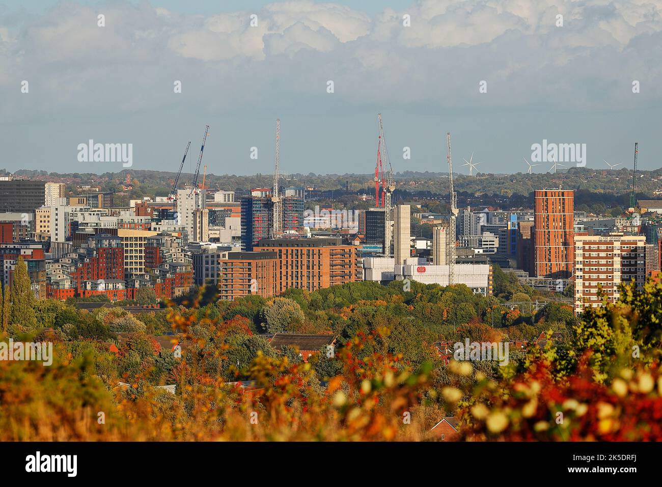 Leeds city skyline with various tower cranes from developments in the ...