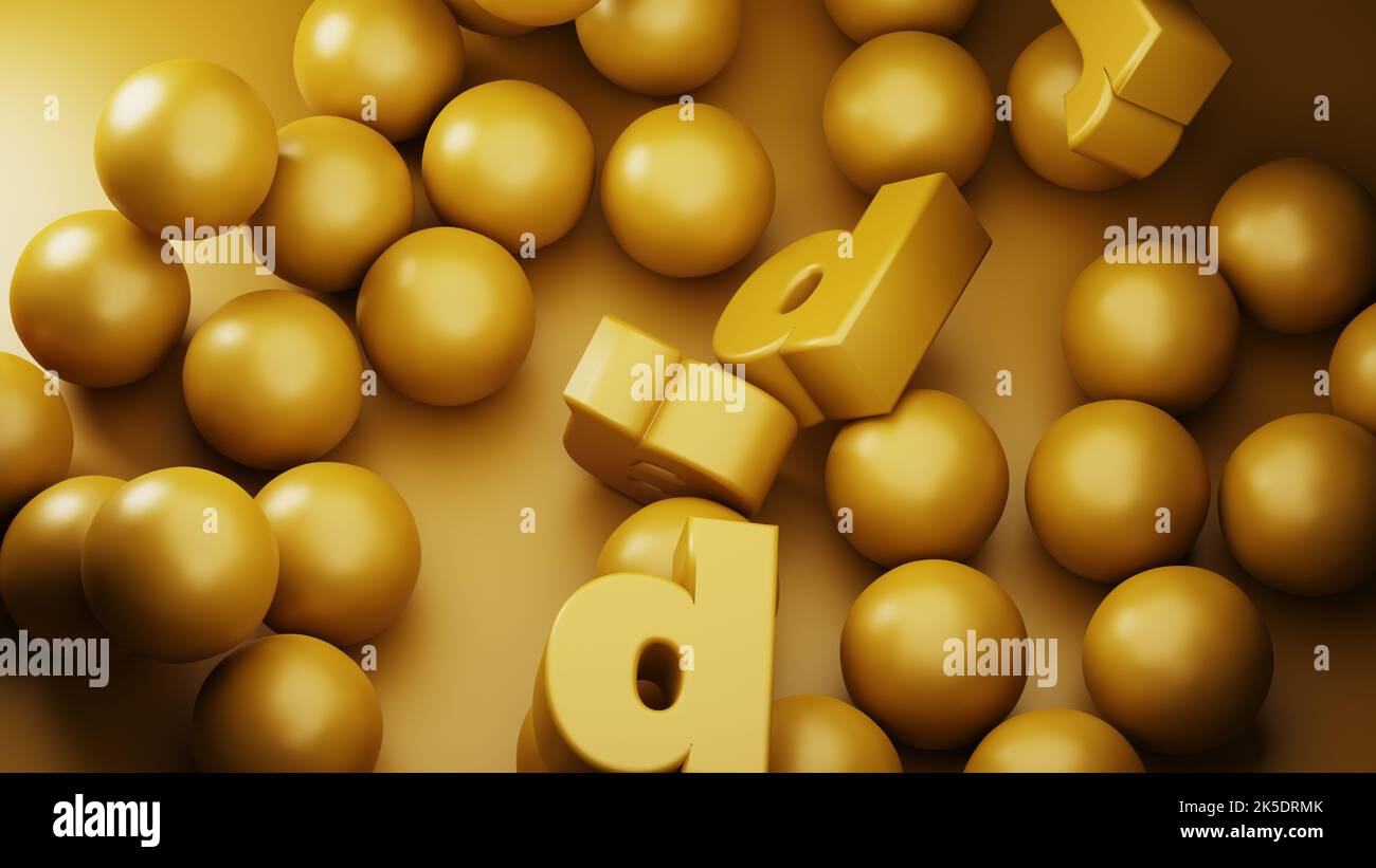 A 3D rendering of drab color letters and balls on brown background ...