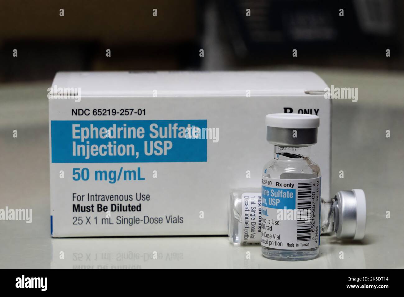 A view of the bottles before the box of Ephedrine Sulfate Injection ...