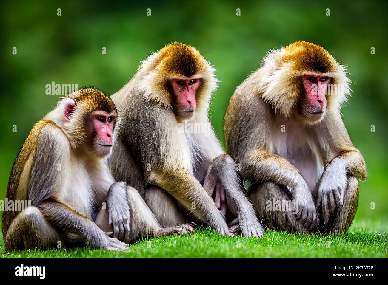 Three Japanese macaques sitting on a grass with blurred green ...