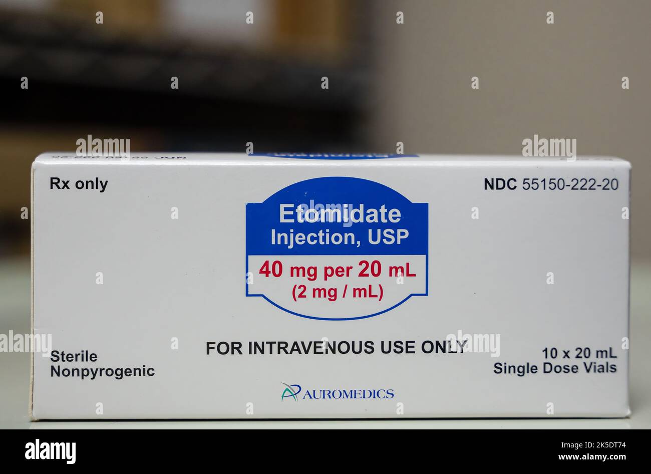 The view of a box of Etomidate Injection, USP 40mg over the white ...