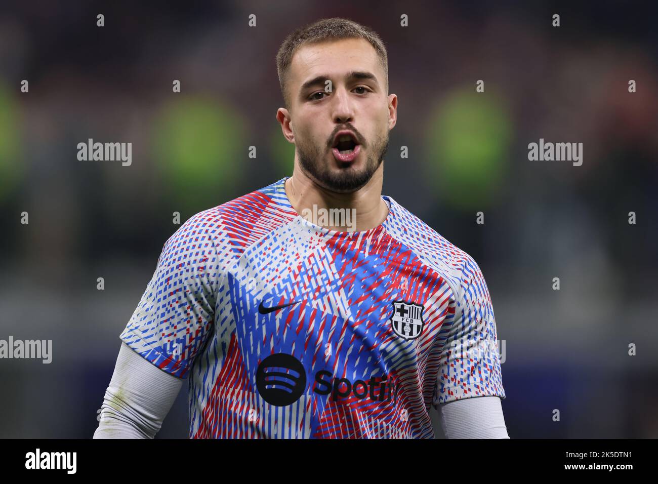 Milan, Italy, 4th October 2022. Arnau Tenas of FC Barcelona reacts ...