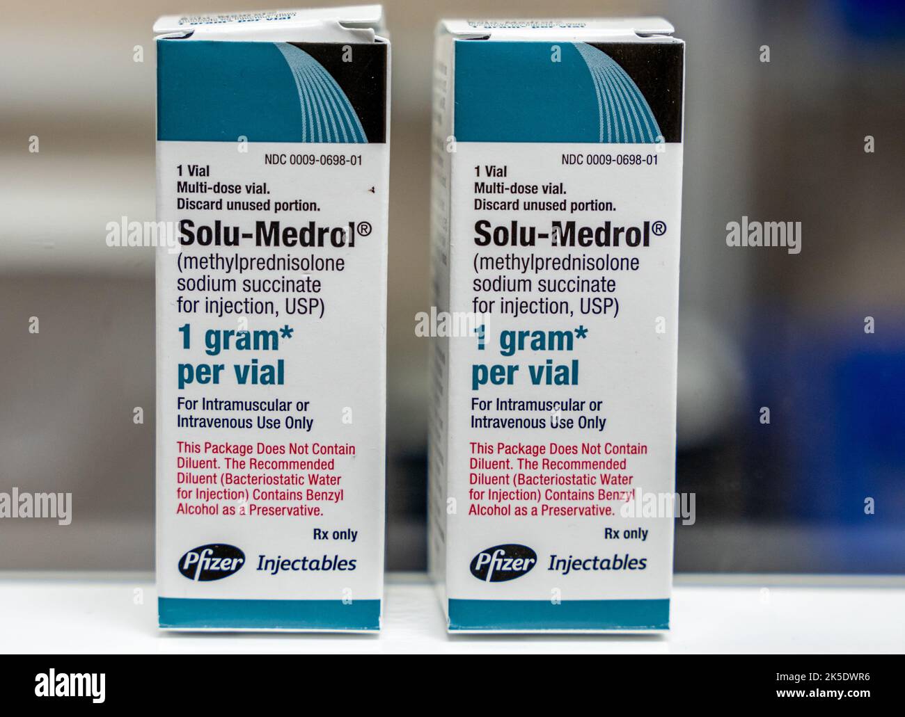 The view of two boxes of Methylprednisolone 1gram over the white ...