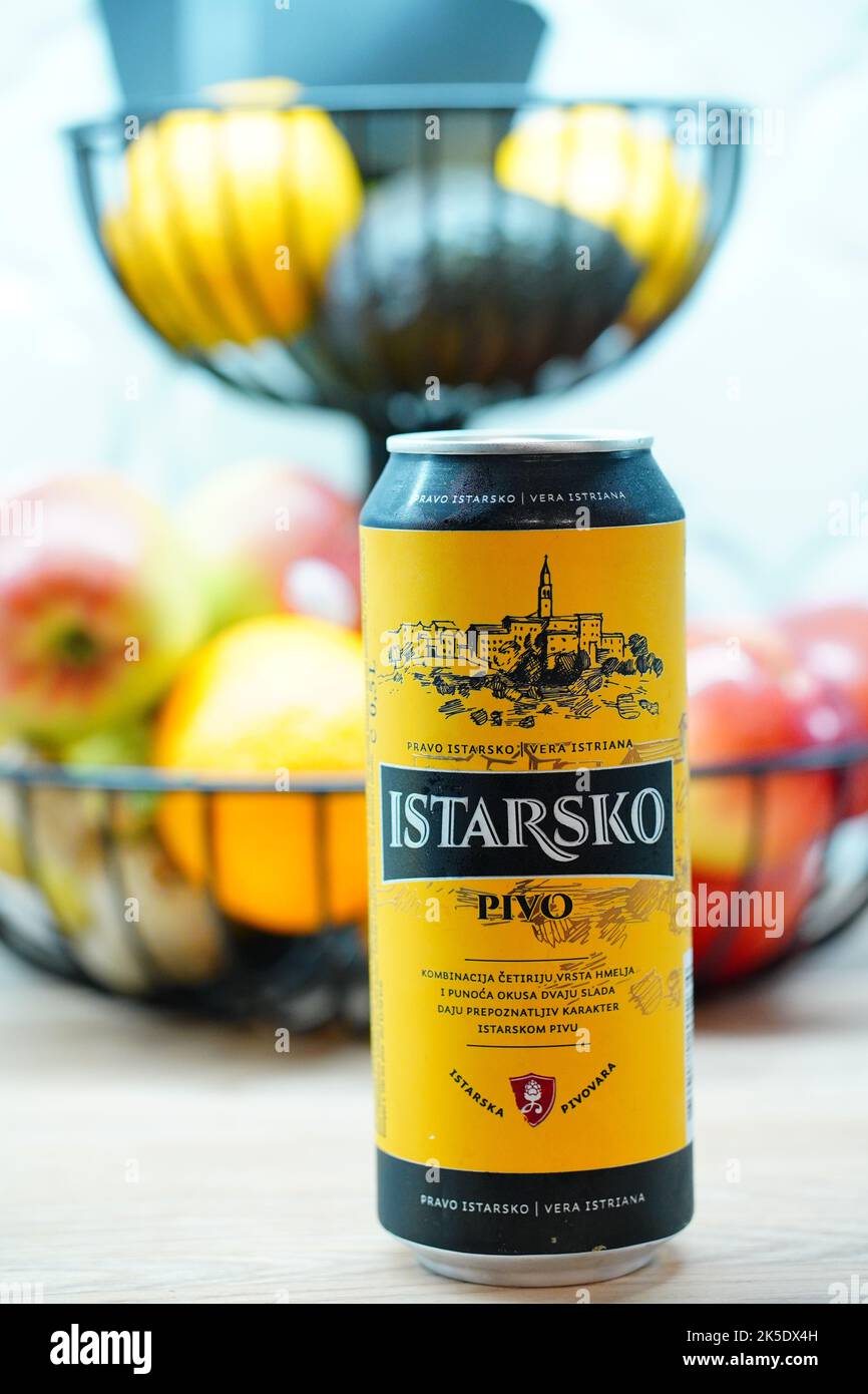 A vertical shot of Croatian Istarsko brand beer in a can standing on a ...