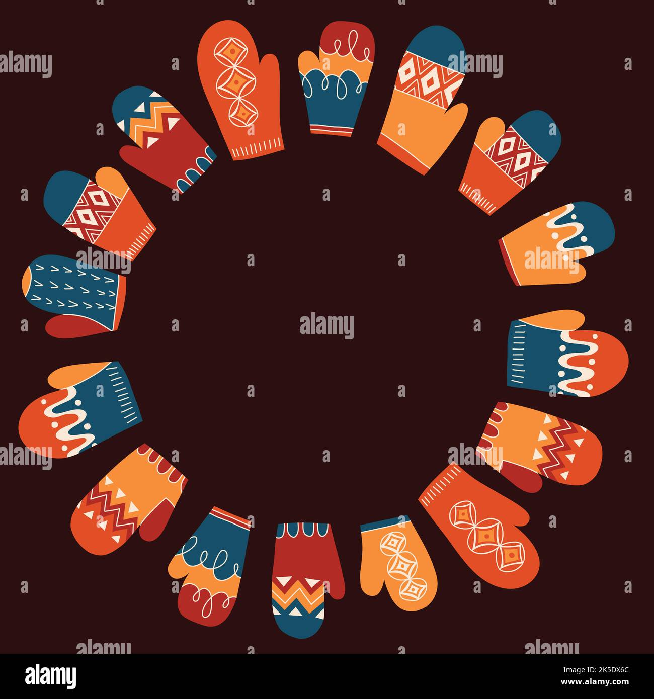 Colorful Retro Knitted Mittens Vector Round Frame Stock Vector Image ...