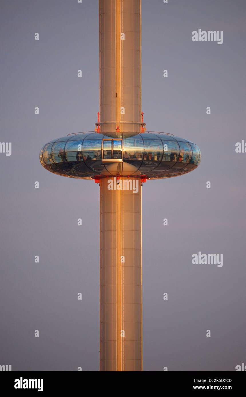 The i360 observation tower against a blue sky and the late afternoon ...