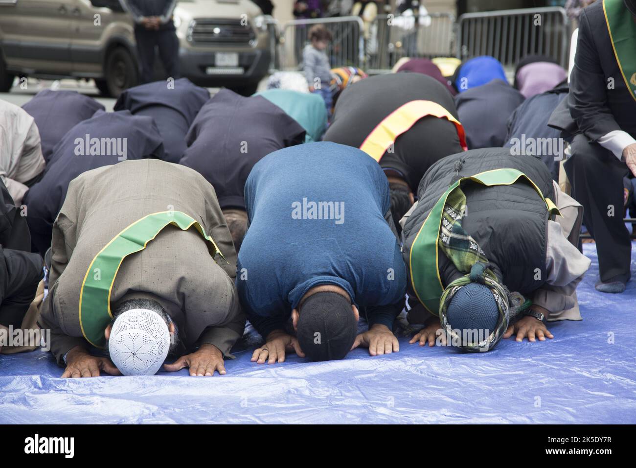 Muslim men praying at the American Muslim Day Parade on Madison Avenue ...