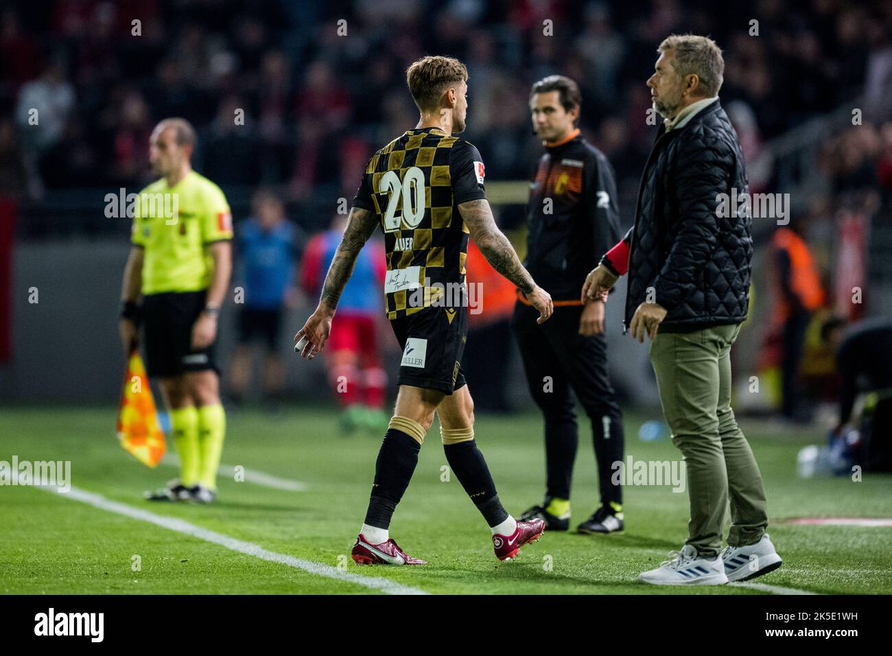 Belgium. 07th Oct, 2022. STVV's Robert Bauer leaves the field after receiving a red card during ...