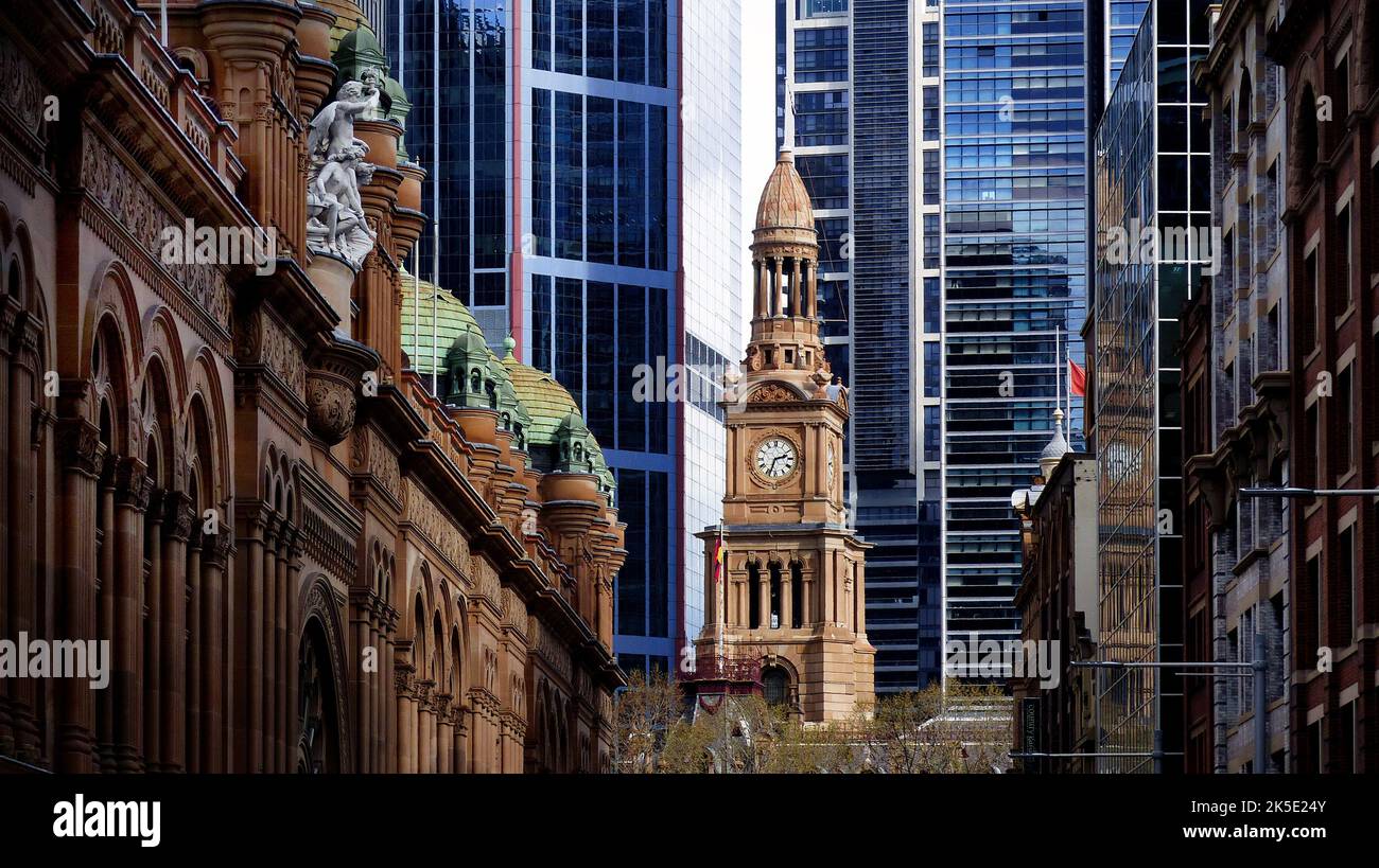 Urban landscape around Sydney Town Hall and clocktower, Sydney ...