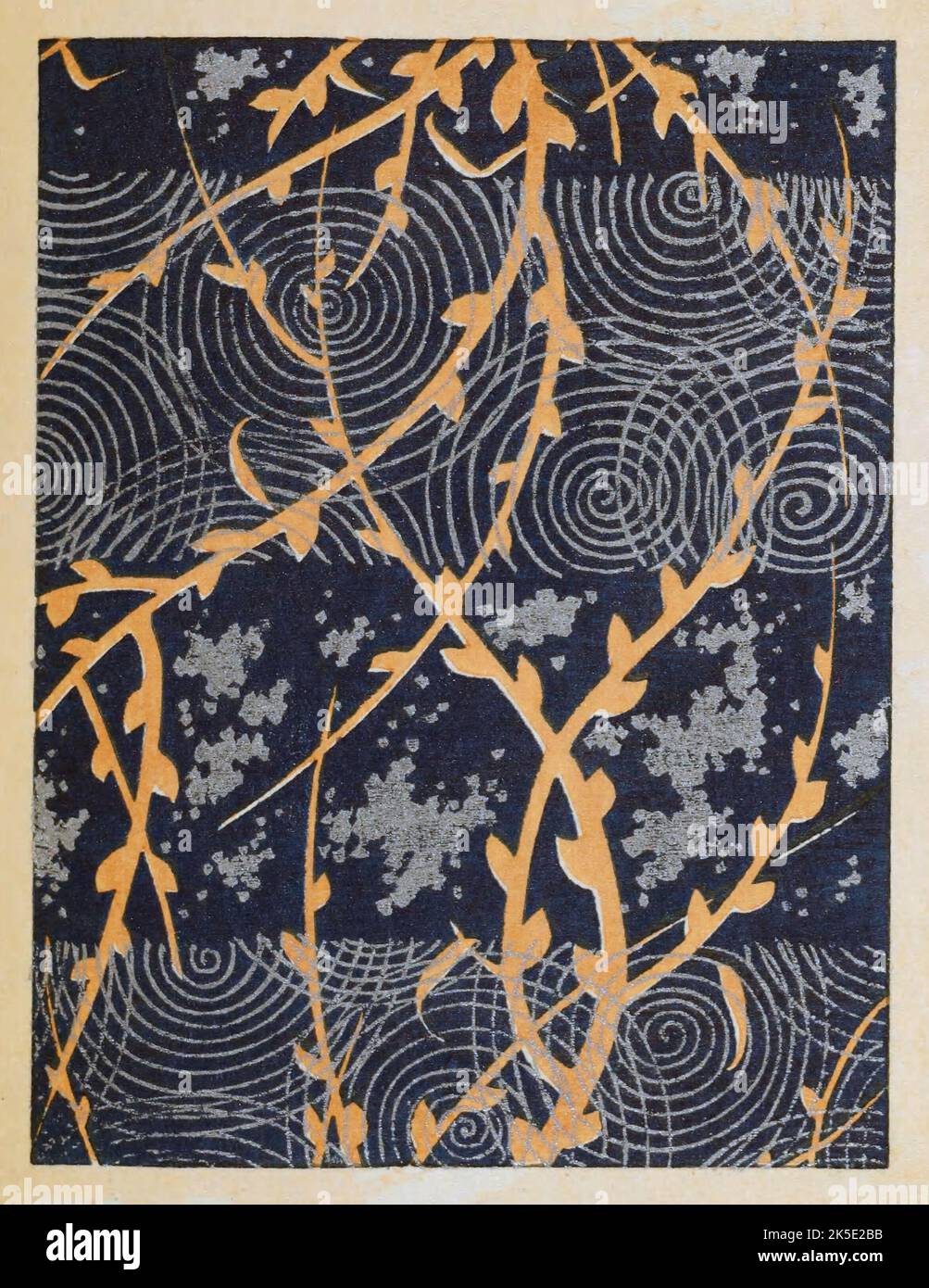 Abstract design with spirals and plant stalks. The Japanese language ...