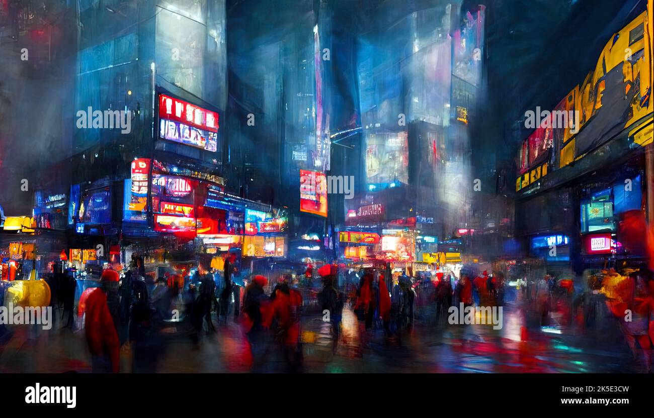 A 3d rendered of a blurred night city with faceless crowd and tall ...