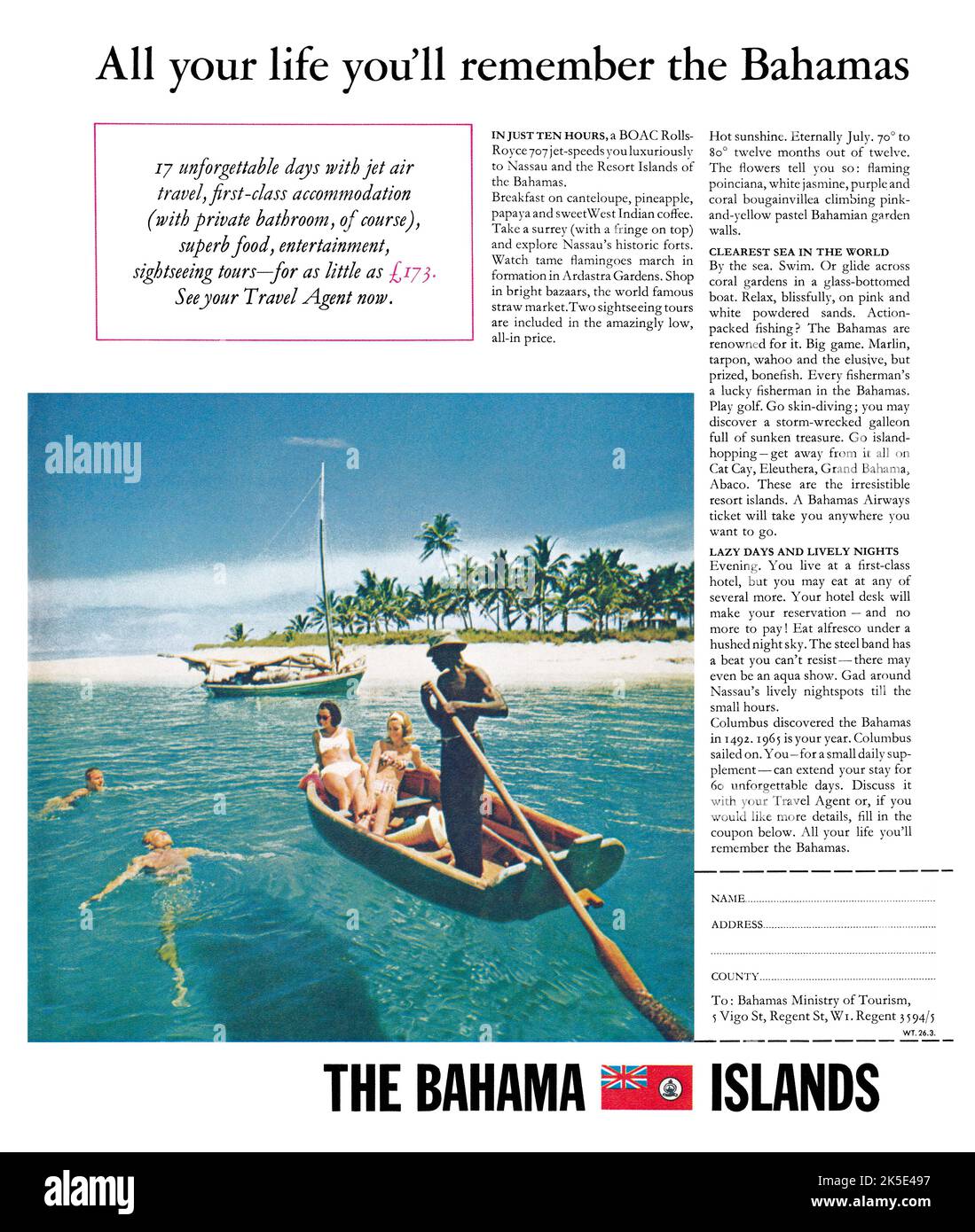 1965 British advertisement for holidays to the Bahamas Stock Photo - Alamy