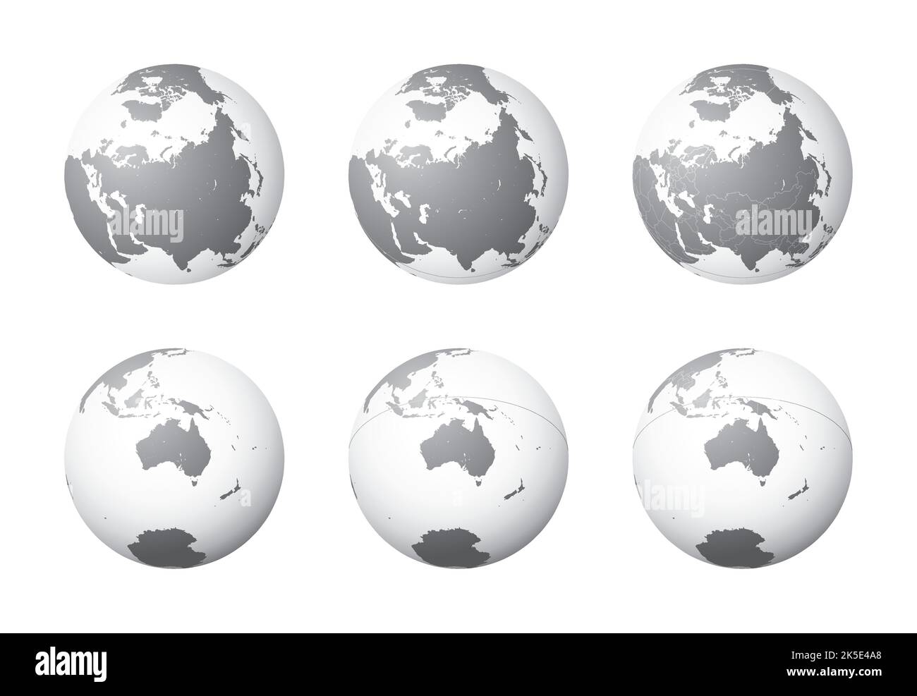 Set of Earth globes focusing on the North Asia (top row) and the ...