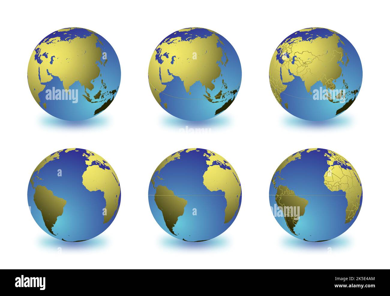 Set of Earth globes focusing on the Asia (top row) and the Atlantic ...