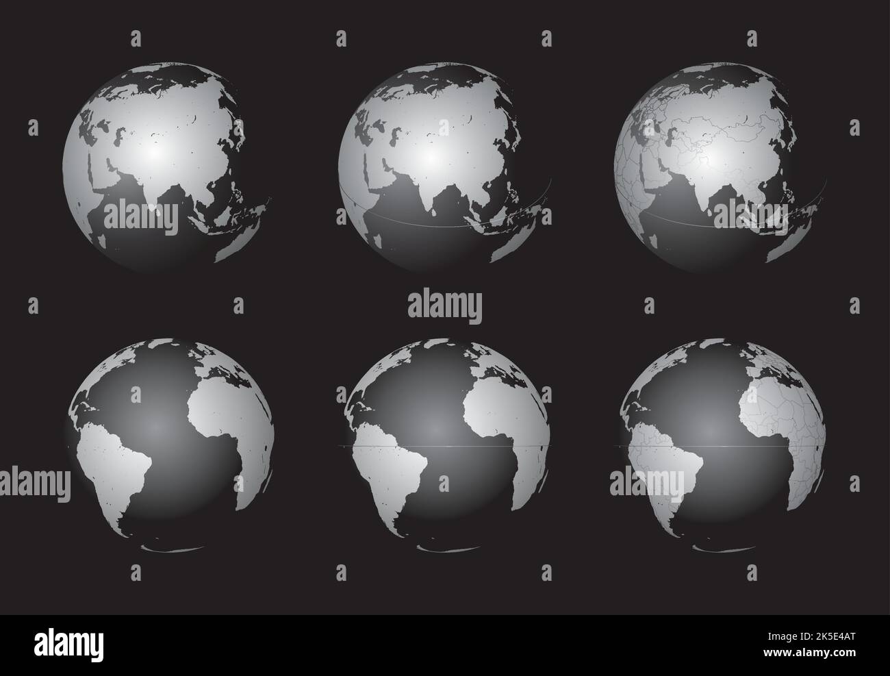 Set of Earth globes focusing on the Asia (top row) and the Atlantic ...