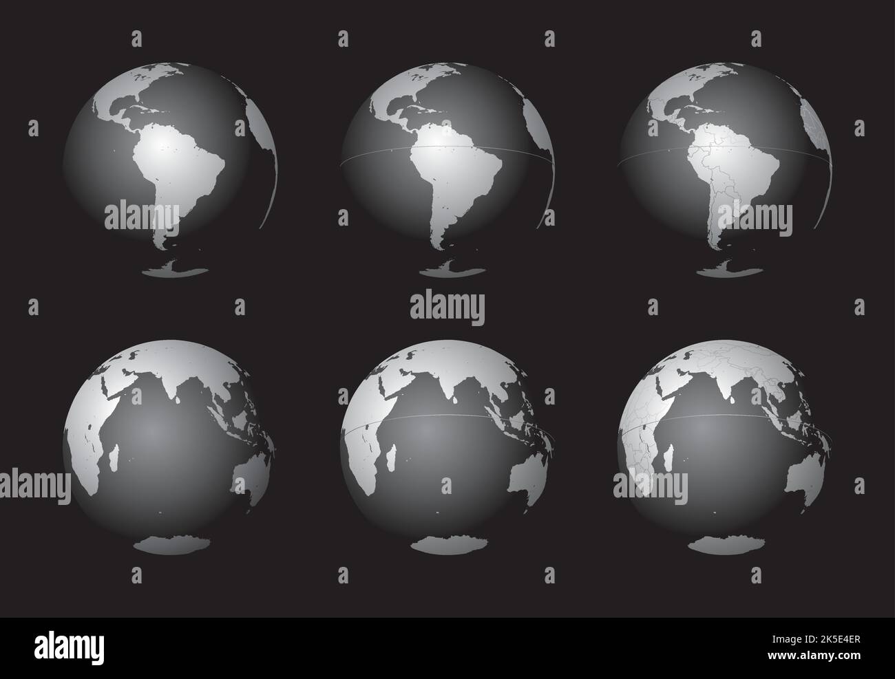 Set of Earth globes focusing on the South America (top row) and the ...