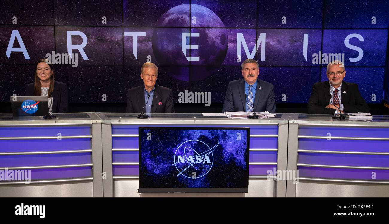 A press conference is held on Aug. 29, 2022, at NASA’s Kennedy Space ...