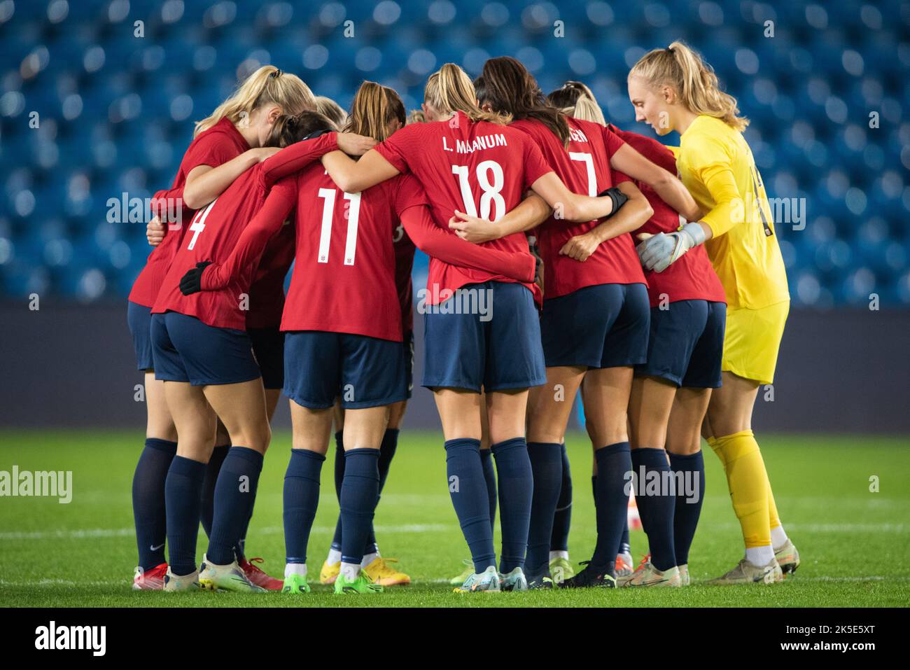 Oslo, Norway. 07th Oct, 2022. The players of Norway unite in a circle during the Women's ...