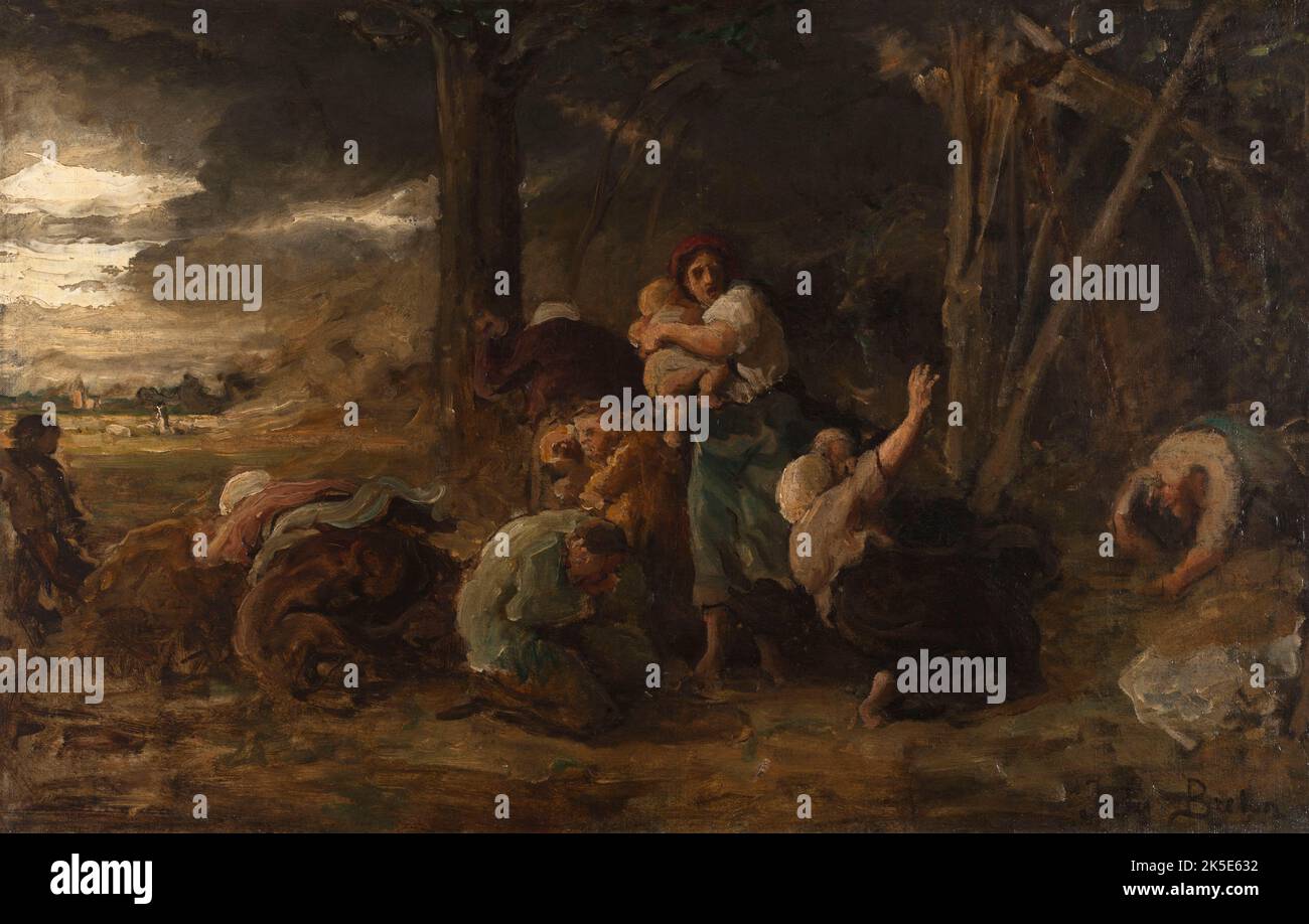 La foudre, c.1865. Lightning. Peasants sheltering under trees during a ...