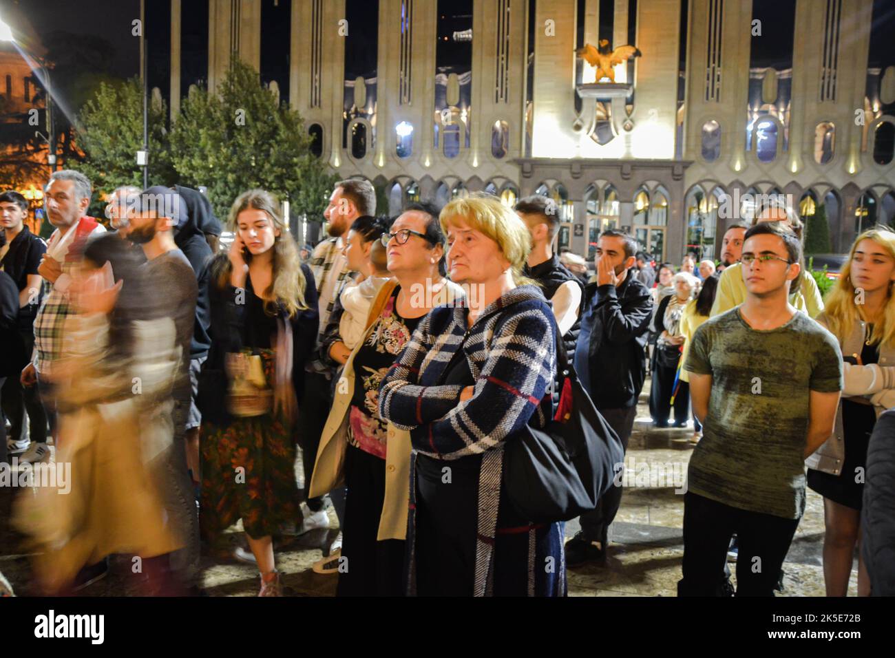 Tbilisi, Georgia. 07th Oct, 2022. People seen on the rally, listening ...