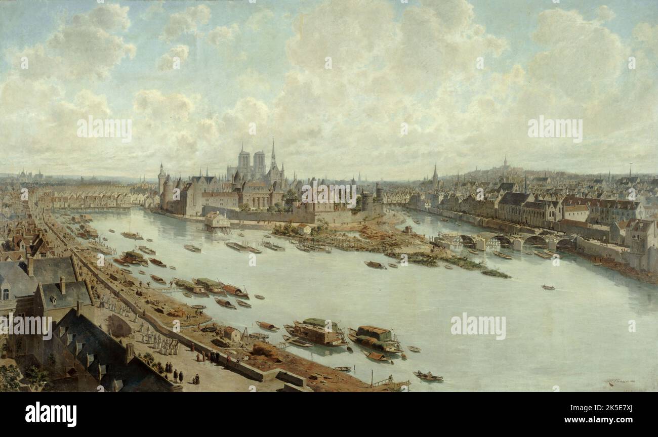 Panoramic view of Paris in 1588, from the rooftops of the Louvre, with ...