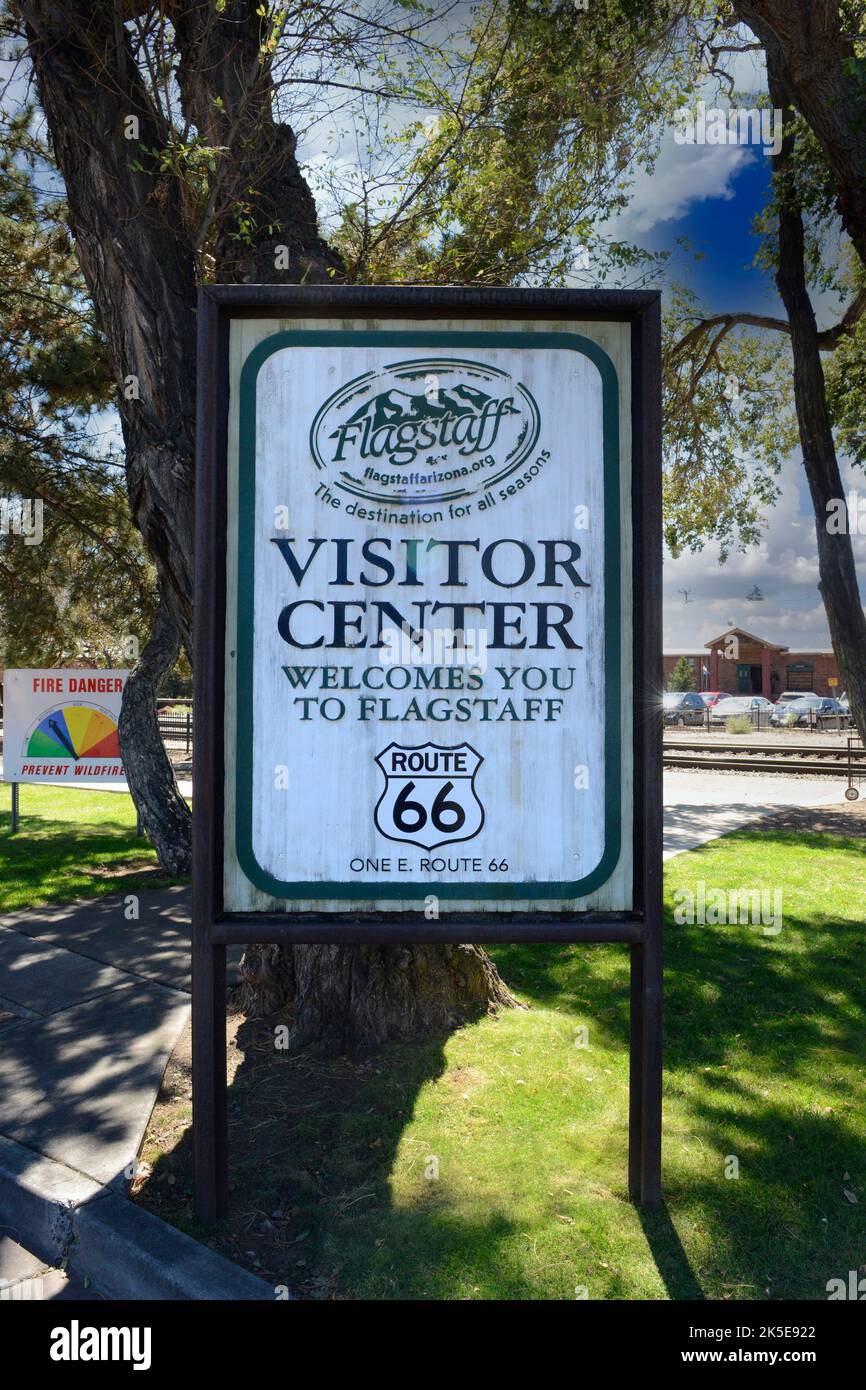 Visitor Center sign with the route 66 logo in Flagstaff, Arizona Stock ...