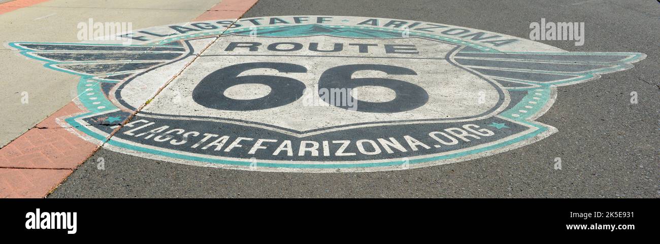 Route 66 Flagstaff Arizona motif painted onto the asphalt outside the ...