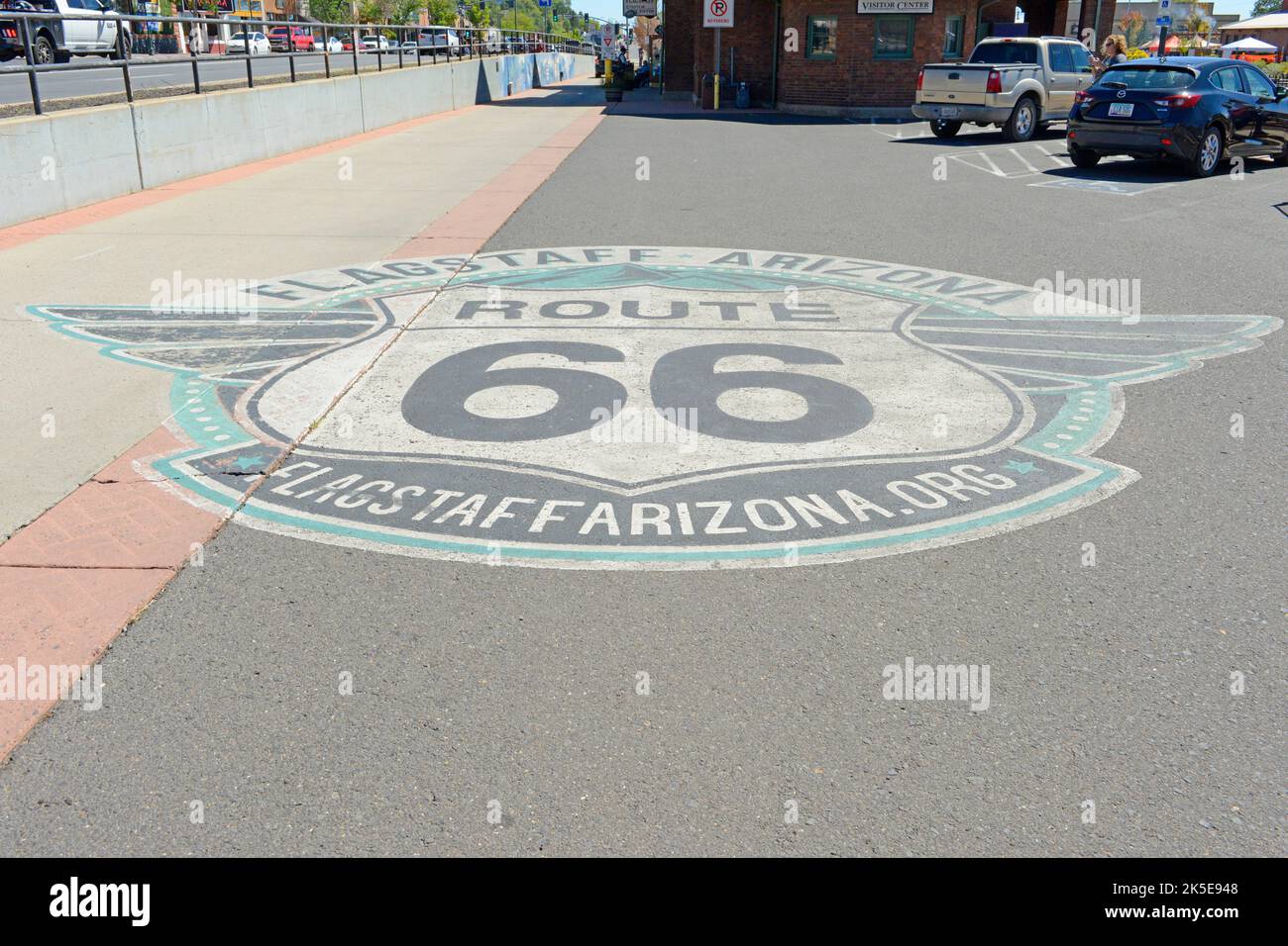 Route 66 Flagstaff Arizona motif painted onto the asphalt outside the ...