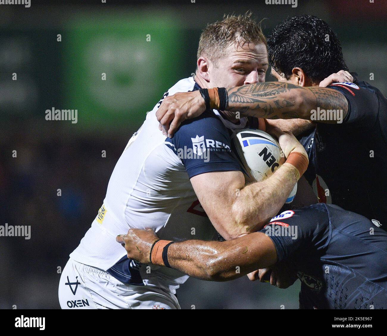 Salford, UK. 7th October 2022 - Tom Burgess of England tackled during ...