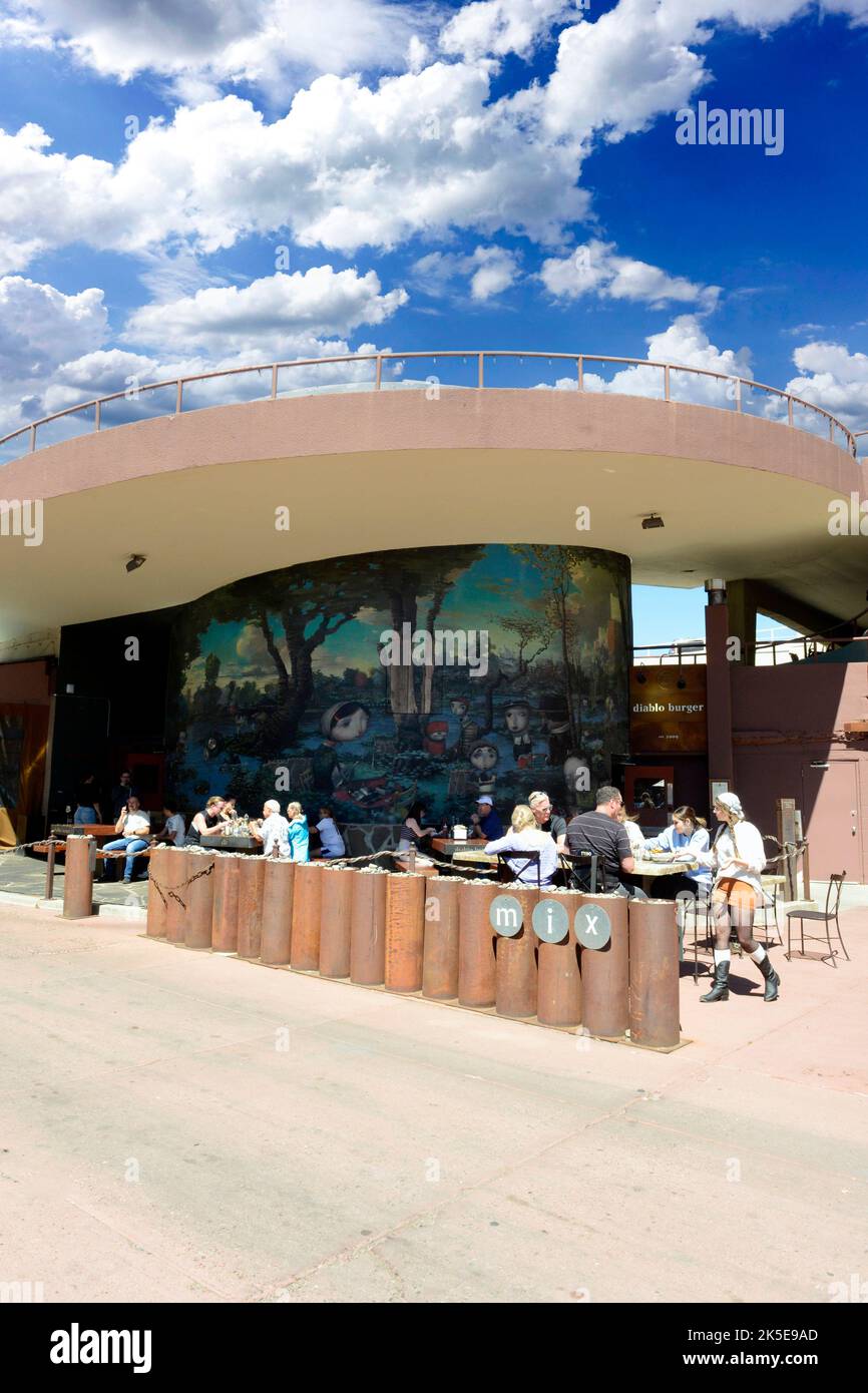 People in Heritage Square eating at Diablo Burger cafe in downtown ...
