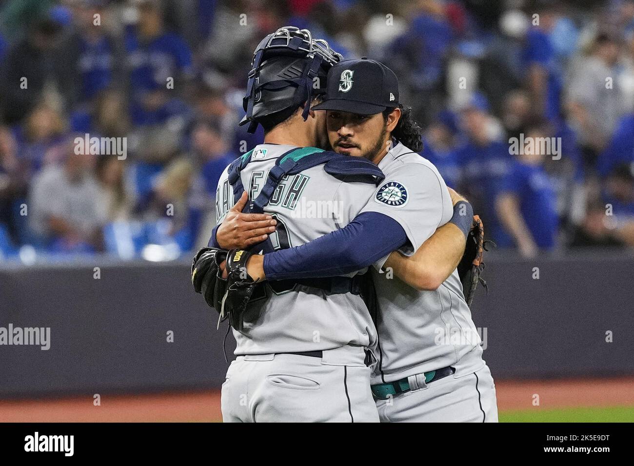 Toronto, Canada. 07th Oct, 2022. Seattle Mariners catcher Cal Raleigh and relief pitcher Andres ...
