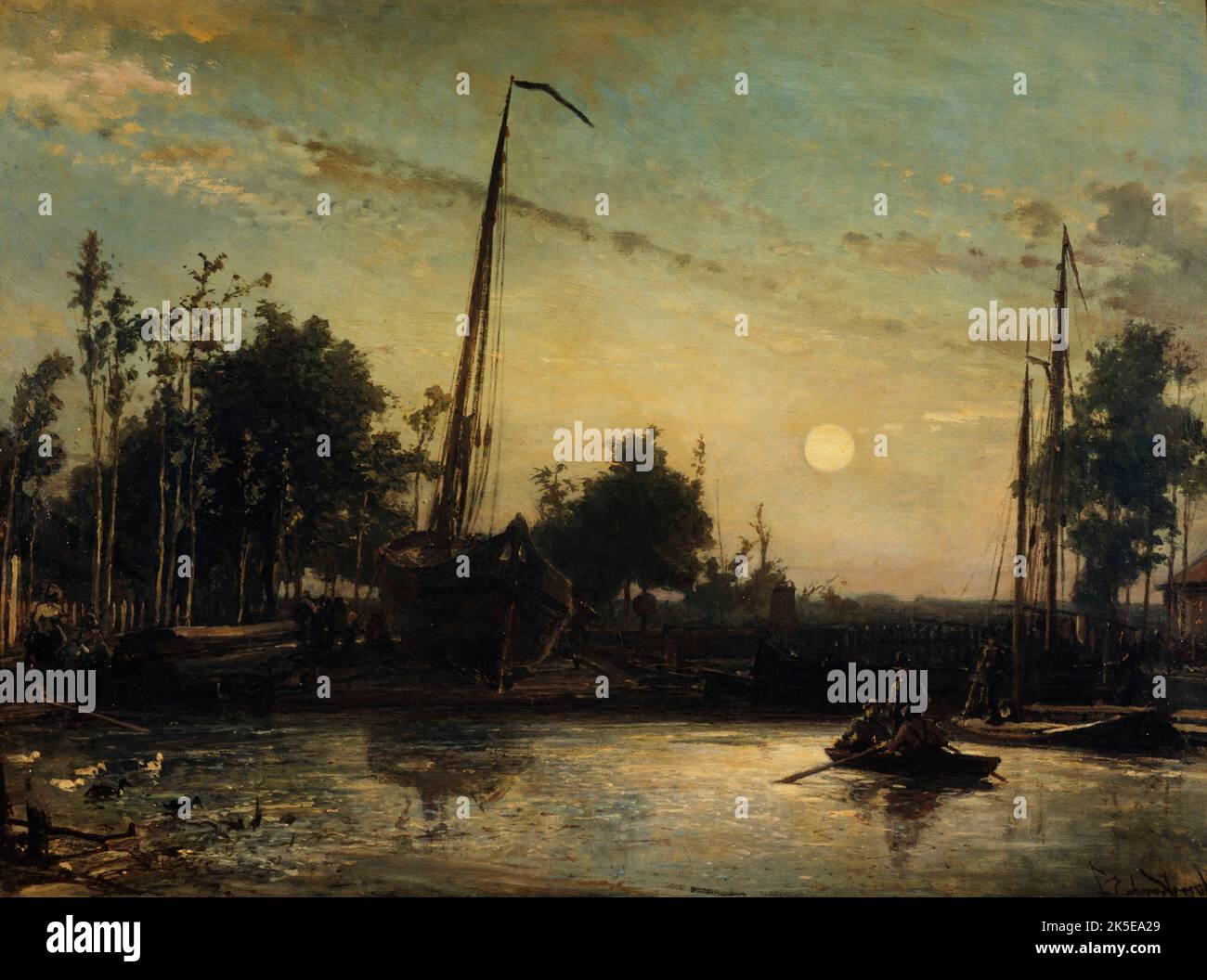 Boat under construction by the canal, Dutch landscape, 1857 Stock Photo ...