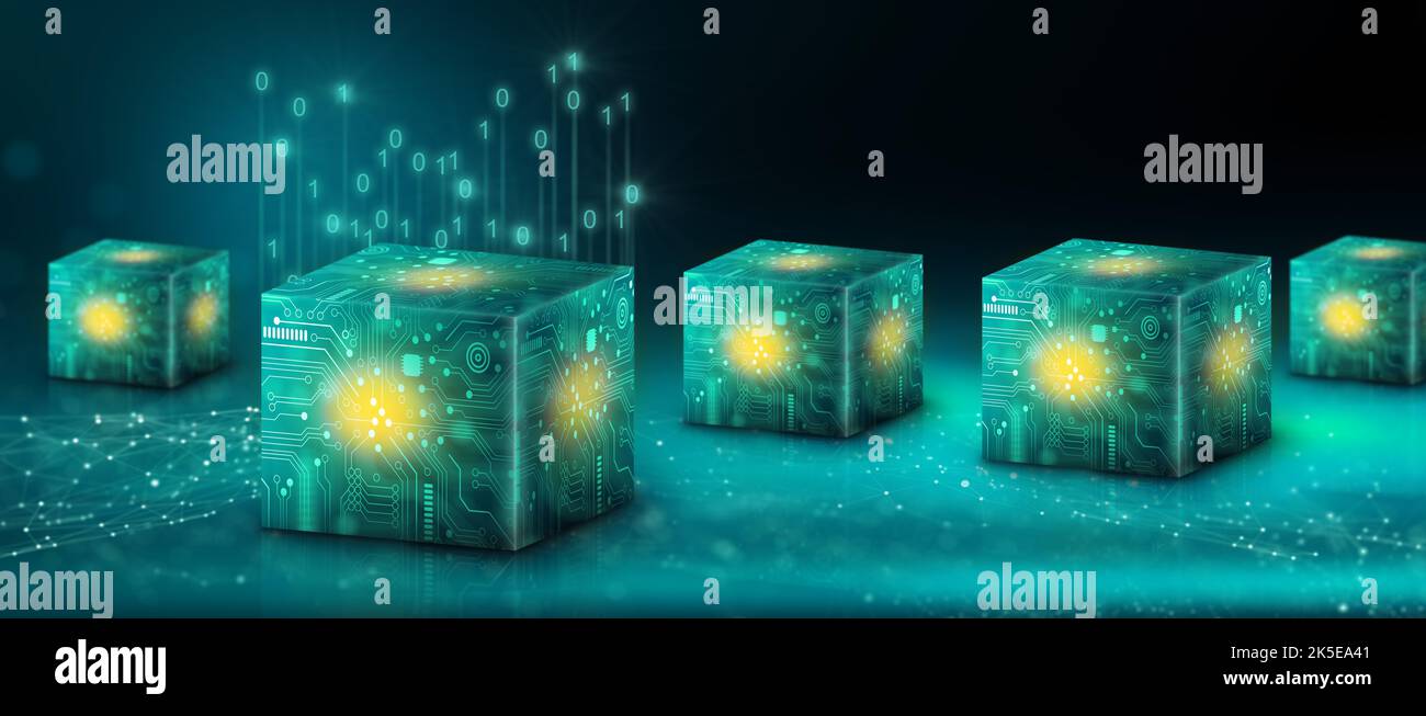 Cube Technology On Converging Point Of Circuit With Abstract Blue Background Blockchain Network