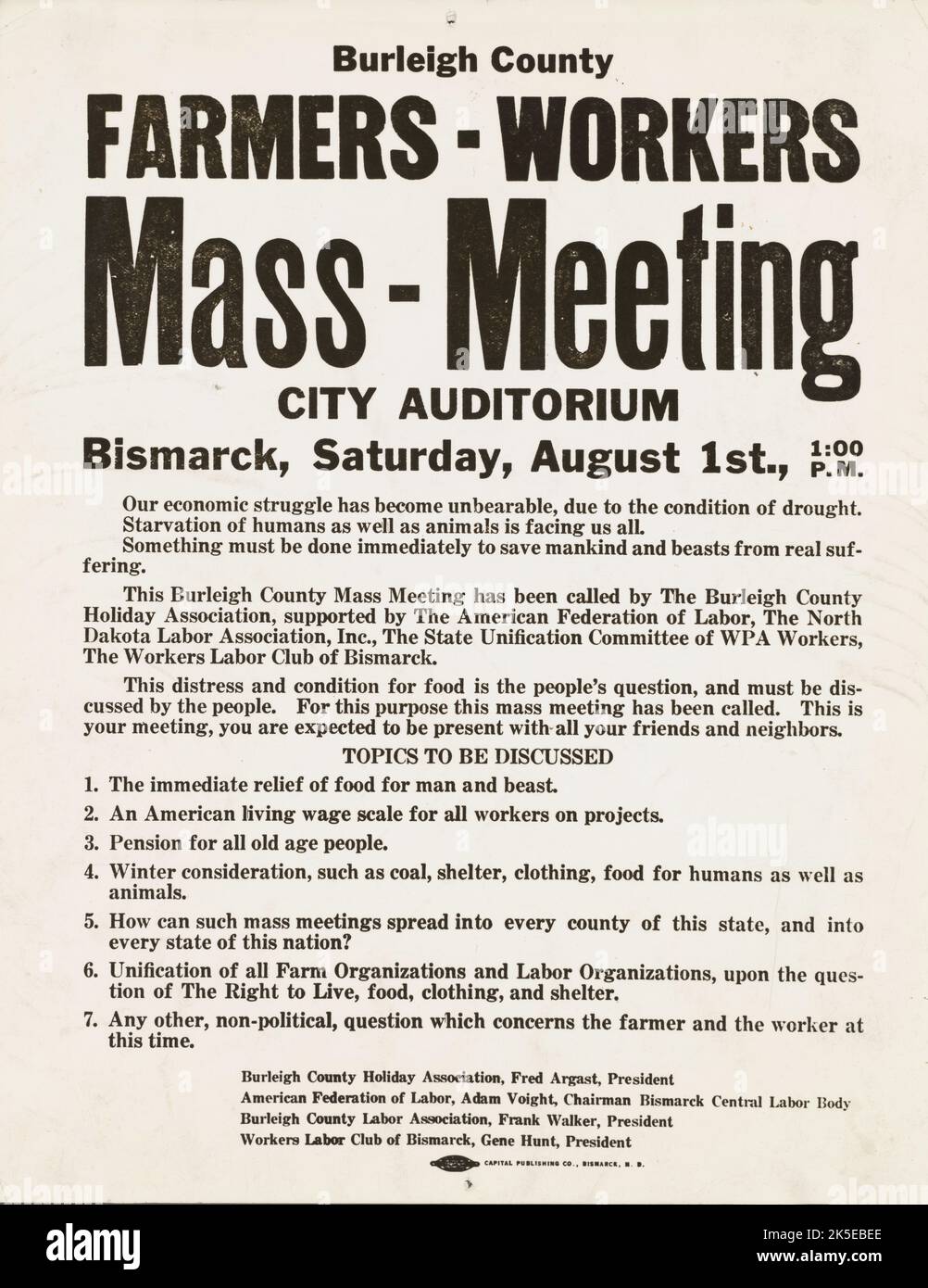 Mass meeting poster. Burleigh County, North Dakota, 1937-08 Stock Photo ...