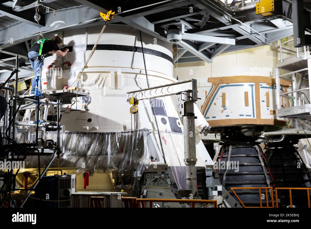 A close-up view of the aft segments of the twin solid rocket boosters ...