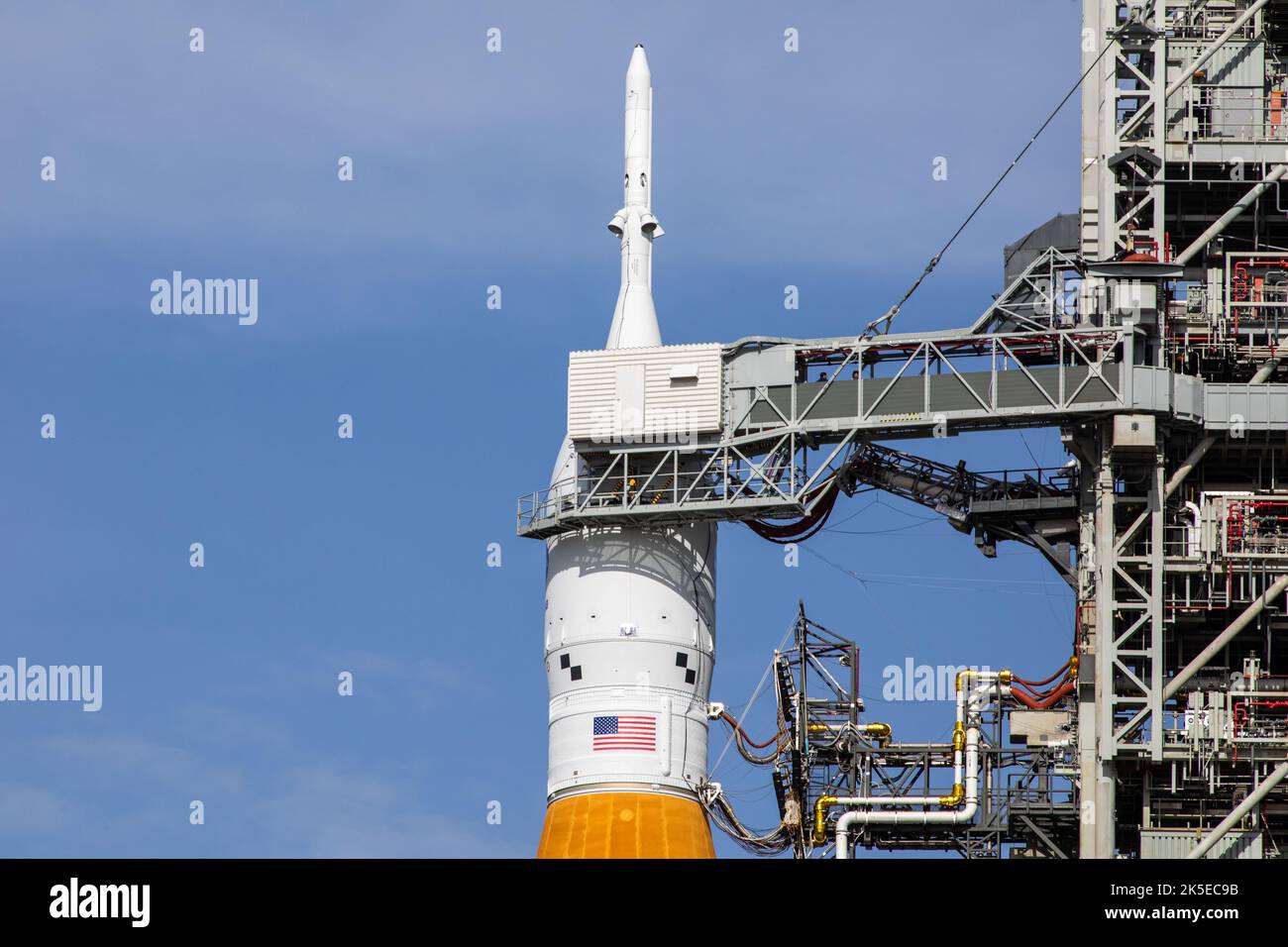 A close-up view of the Artemis I Orion spacecraft, secured inside the ...