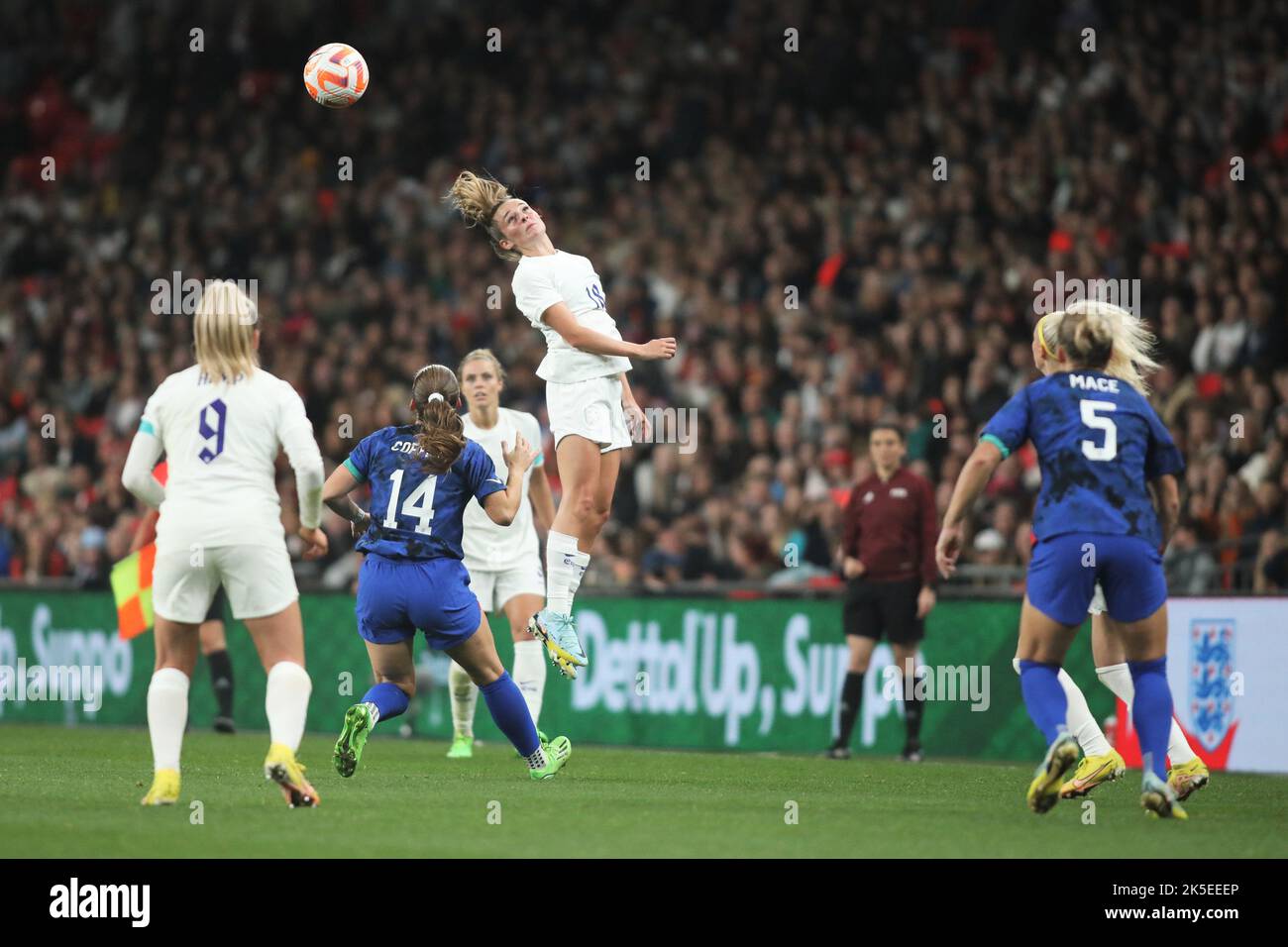 London, UK. 07th Oct, 2022. Ella Toone of England Lionesses heads the ...