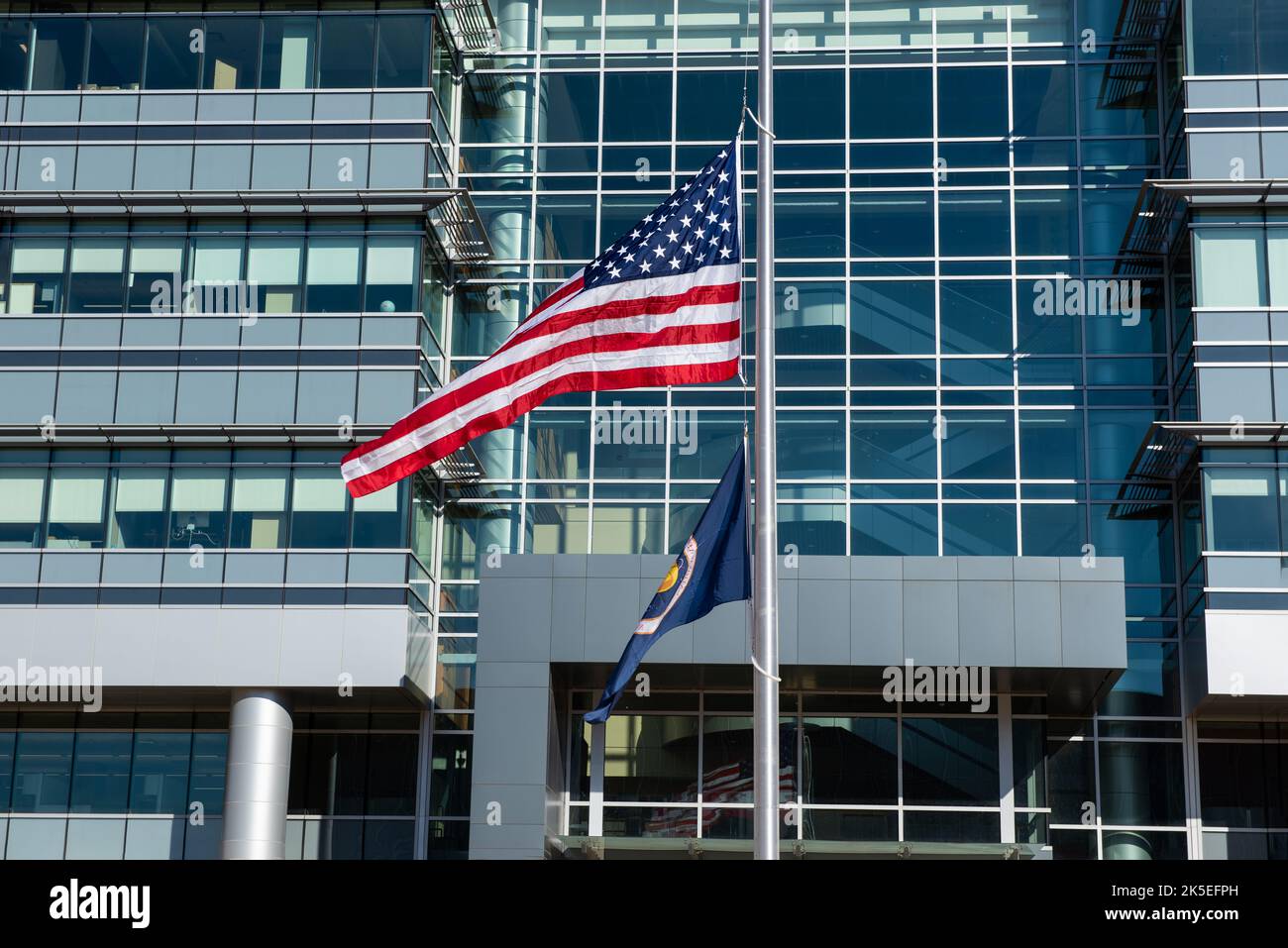 On Jan. 26, 2022, the U.S. and NASA flags were raised at Building 4221 ...