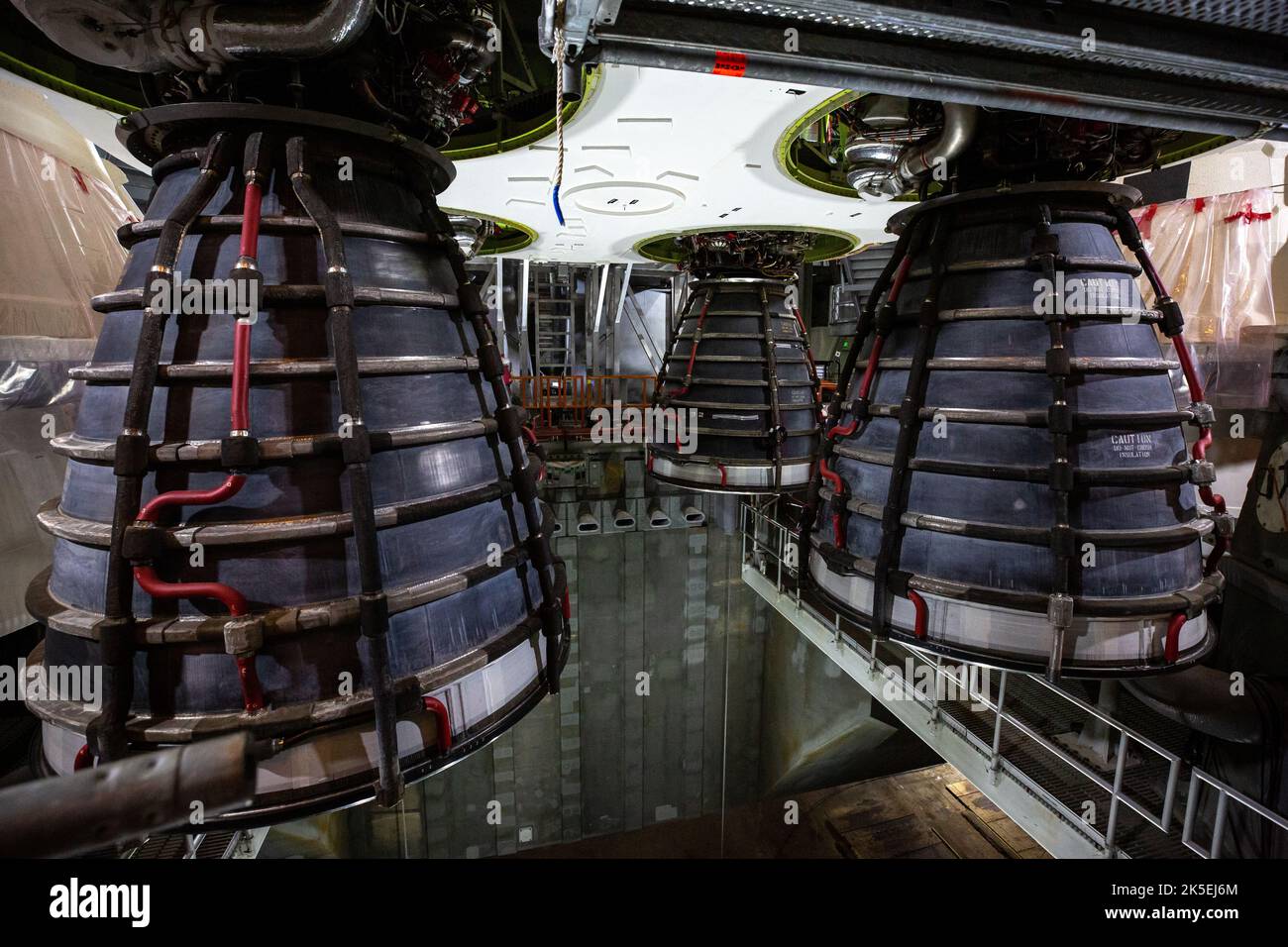 In view are Artemis I Space Launch System main engines in High Bay 3 of ...
