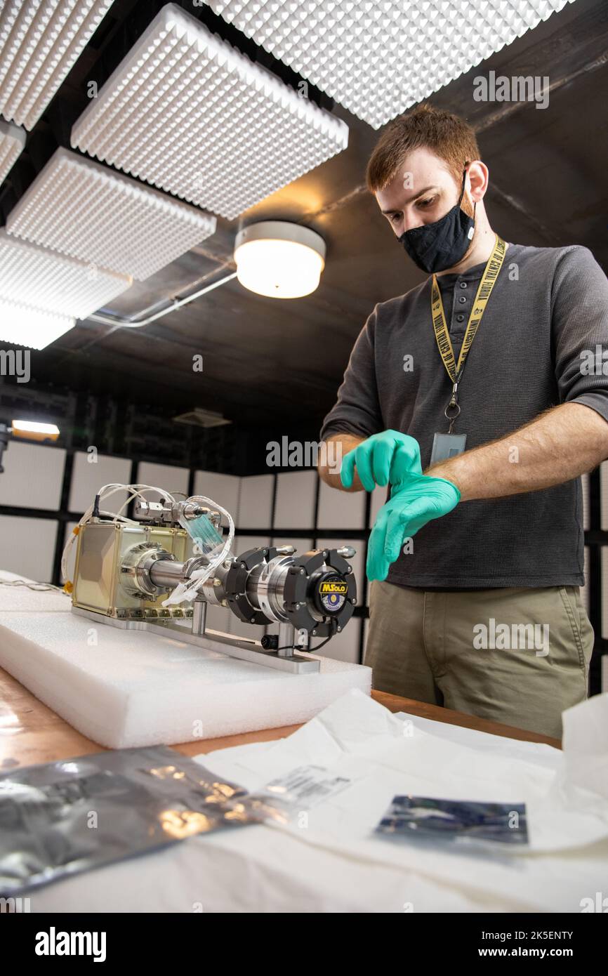 Electronics engineer Nate Cain conducts EMI testing on NASA’s MSolo ...